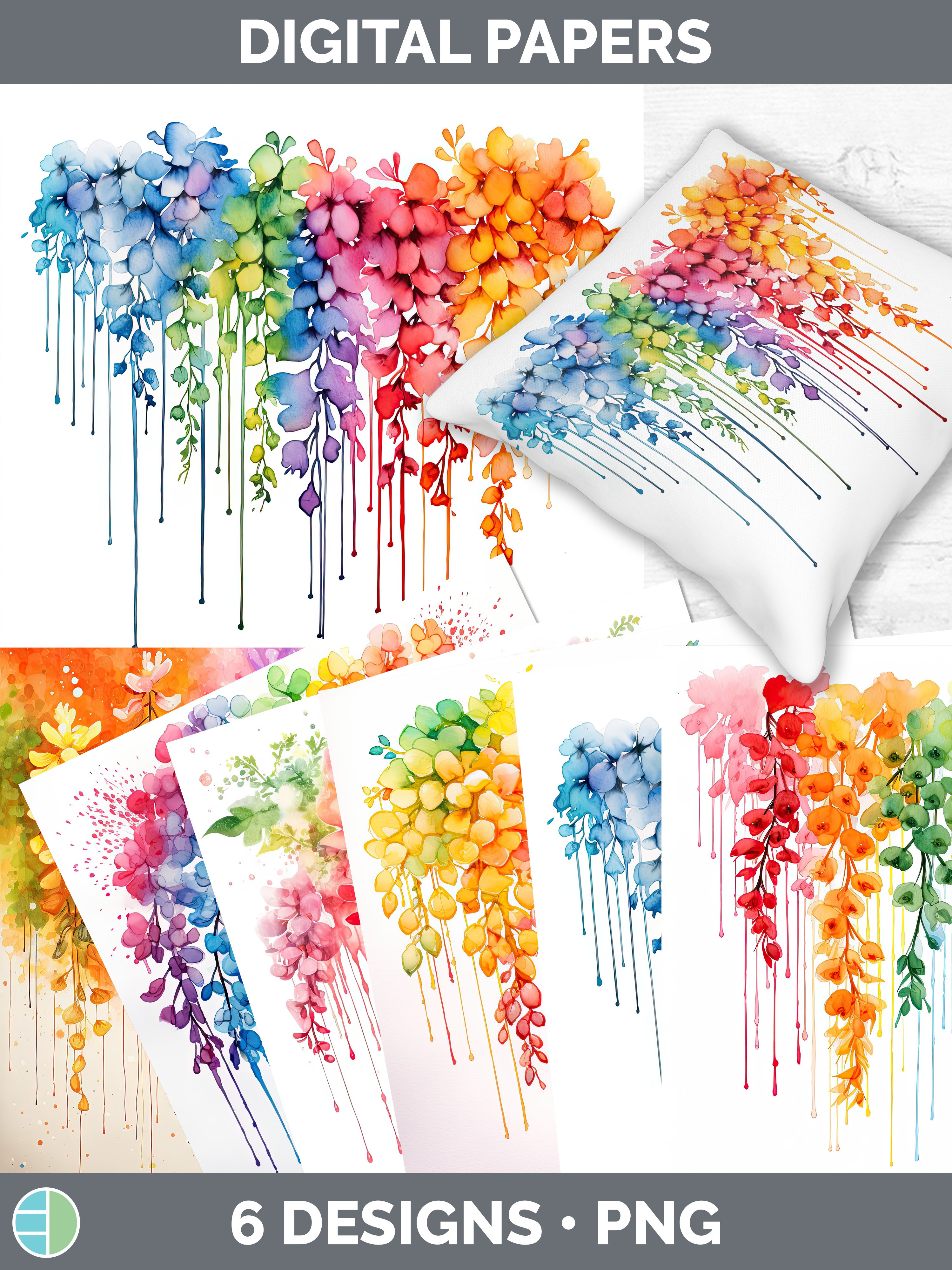Splat Rainbow Acacia Flowers Paper Backgrounds | Bundle Digi