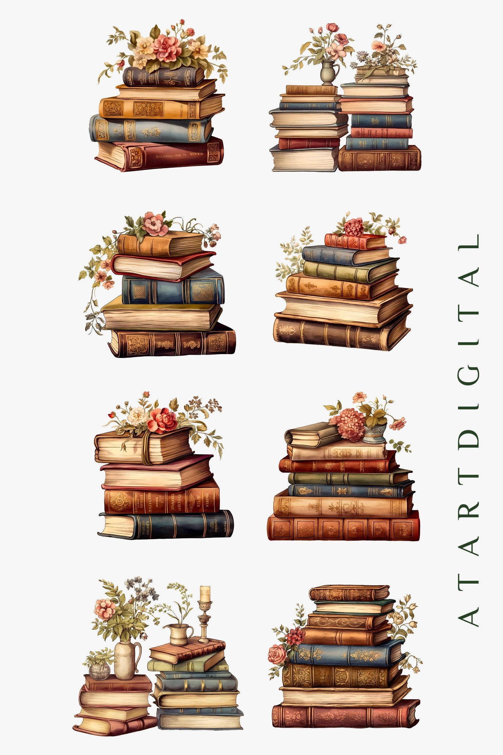 Vintage Book Clipart Bundle, Old Books Watercolor, Antique