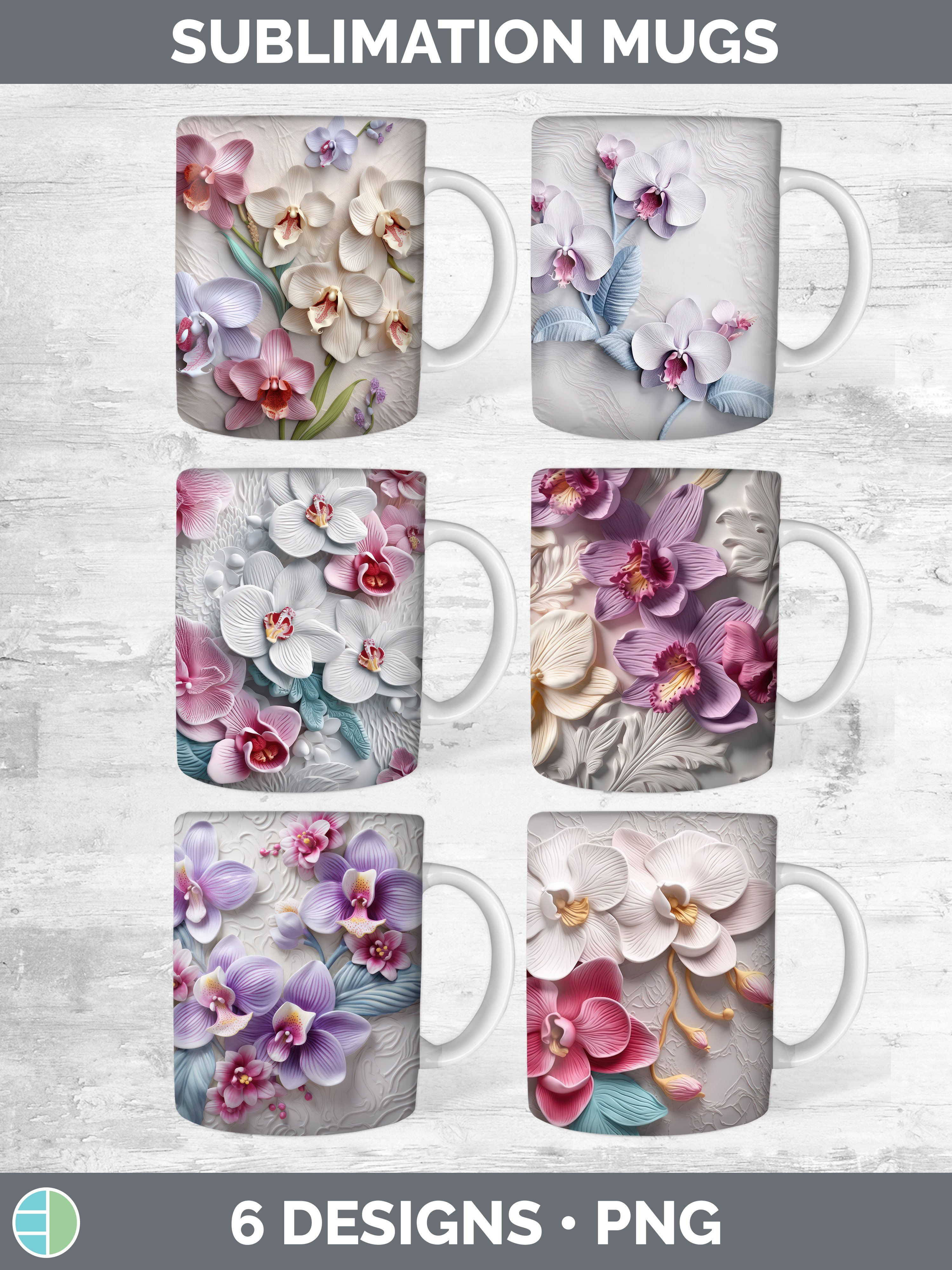 3D Orchid Flowers Mug Wrap | Sublimation Coffee Cup Designs