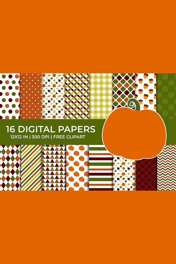 Autumn Pumpkin Digital Papers, Fall Leaves, Acorn (818838)