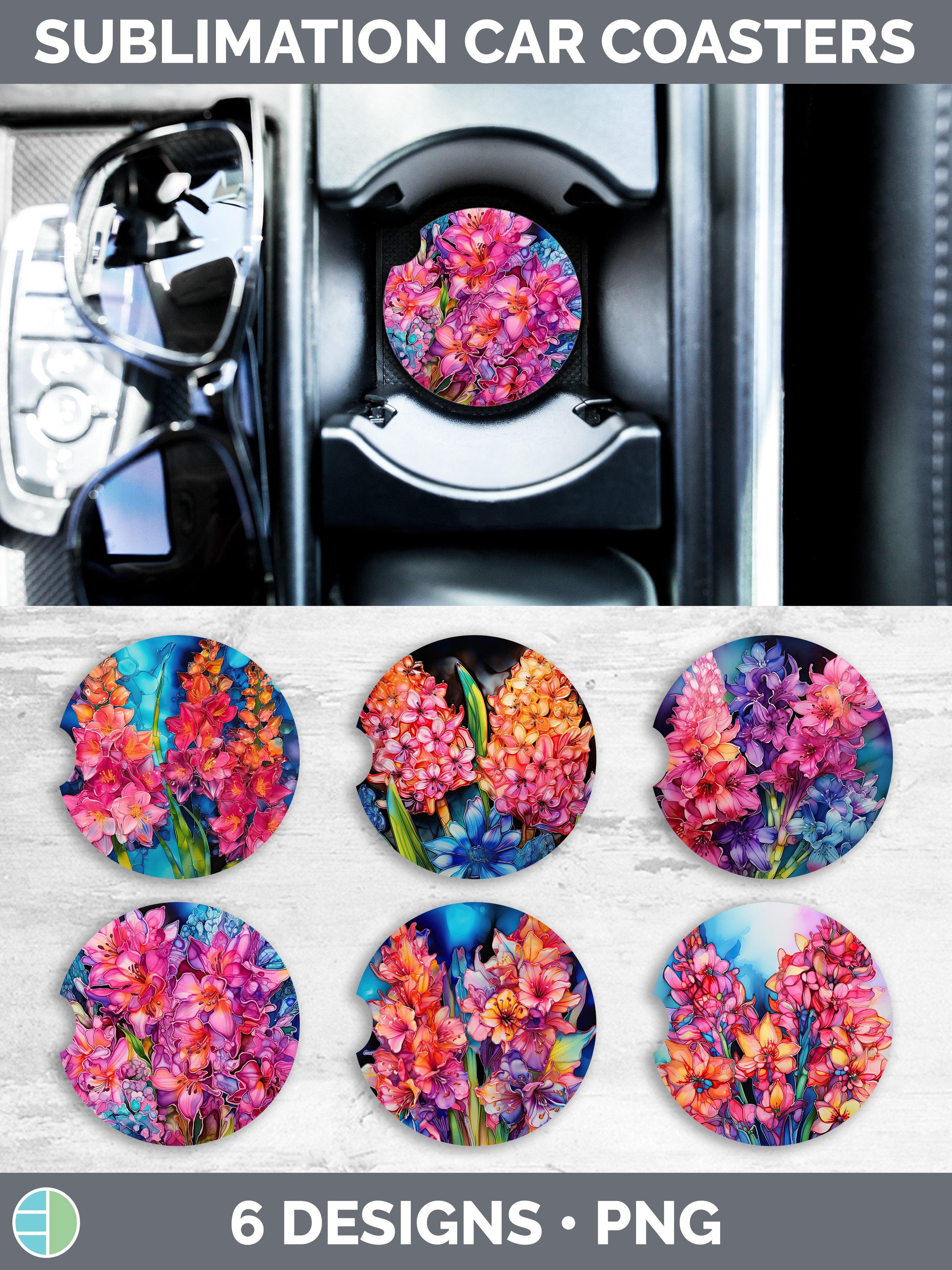 Neon Hyacinth Flowers Car Coaster | Bundle Coaster Designs