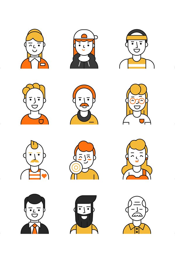 Users icon set in linear style. Various funny characters mal