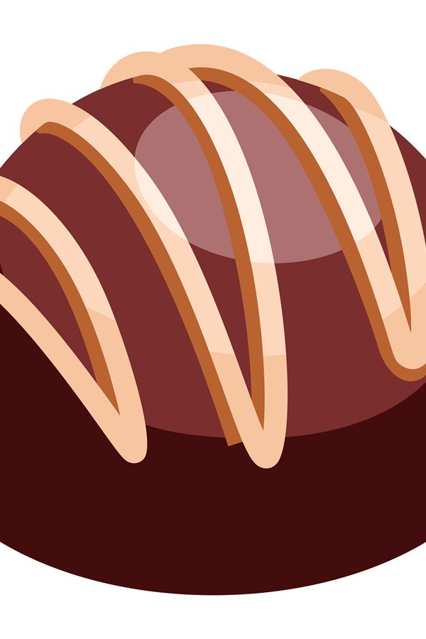 Round chocolate candy with cream stripes. Cartoon vector ill