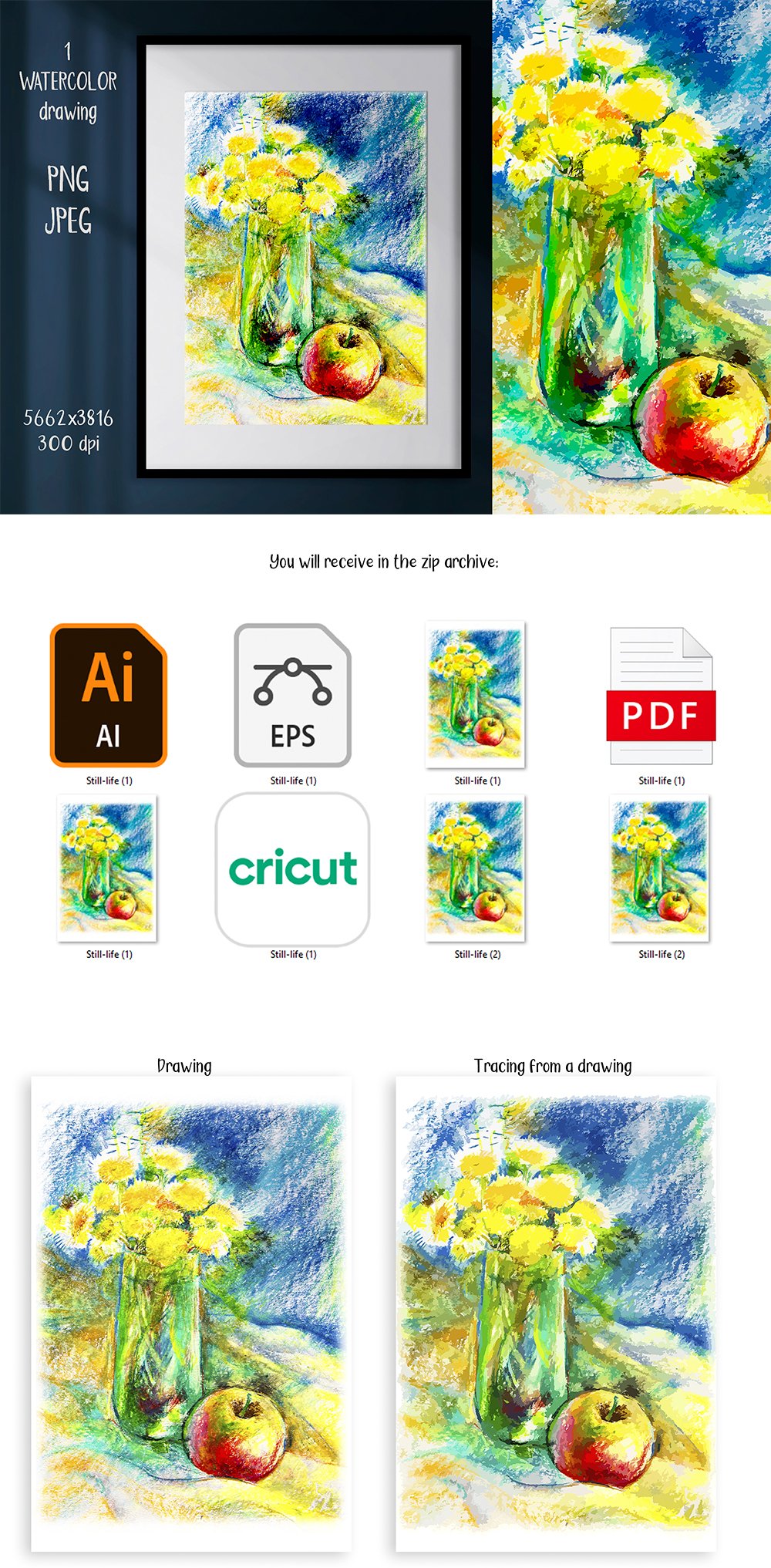 1 Handmade drawing. Vertical still life