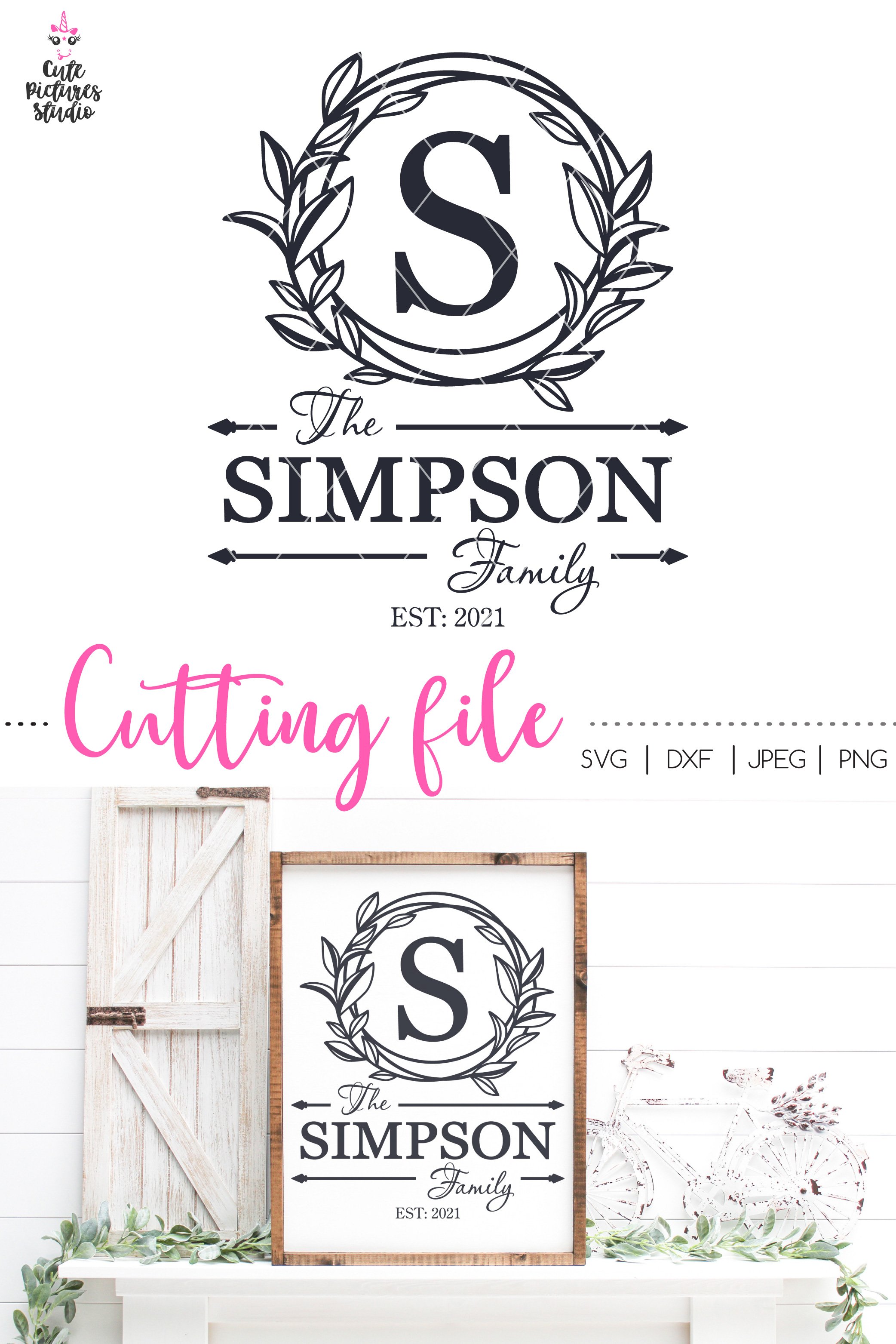 Family monogram frame Cicut SVG cut file, Last name frame