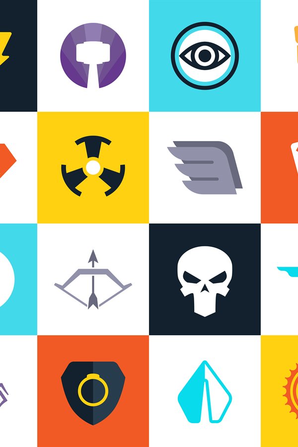 Superhero vector badges with super weapons. Superheroes symb