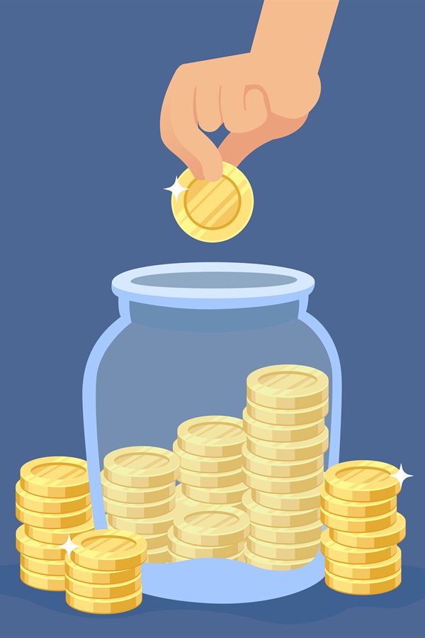 Hand puts coins into the jar. Transparent bottle with stacks