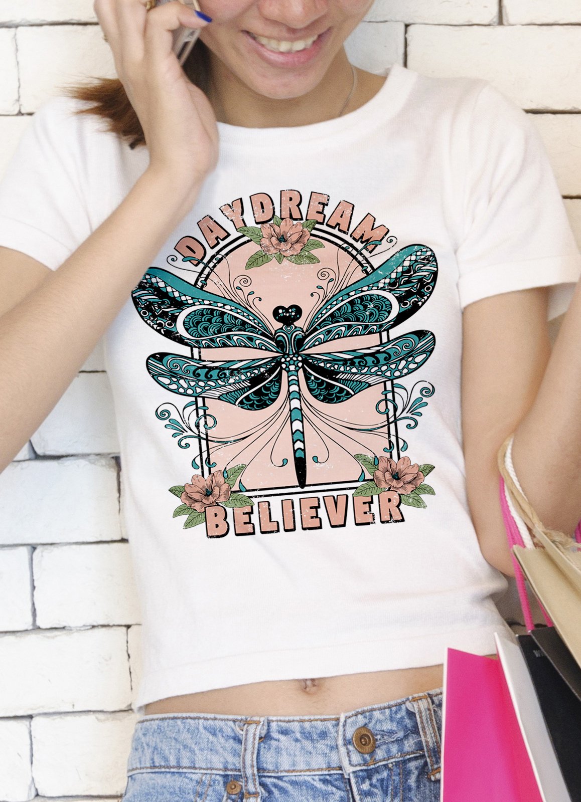 Boho Dragonfly With Flowers - Retro Sublimation