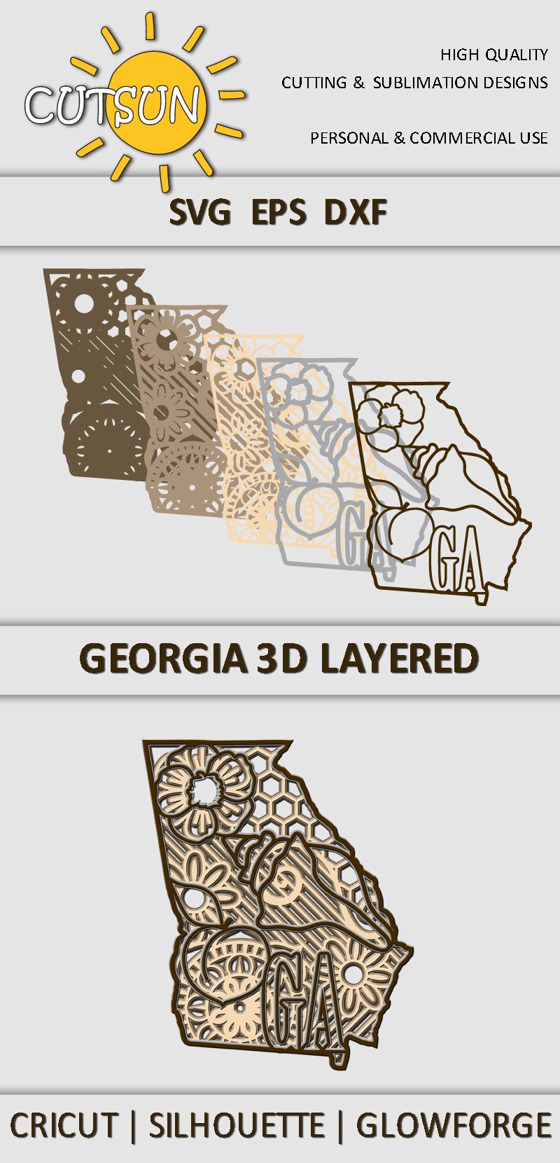 3D Layered Georgia state Mandala SVG - 5 layers