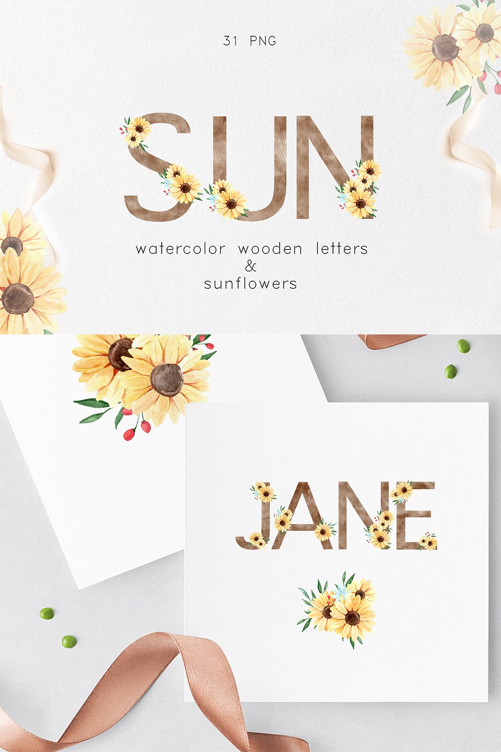 Watercolor sunflower wooden name creator, sunflower clipart