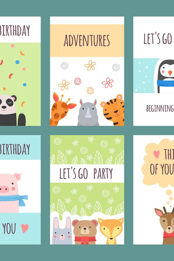 Cute animals cards. Design templates with baby wild animals