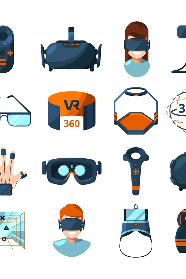 Different symbols of virtual reality. Electronic and compute