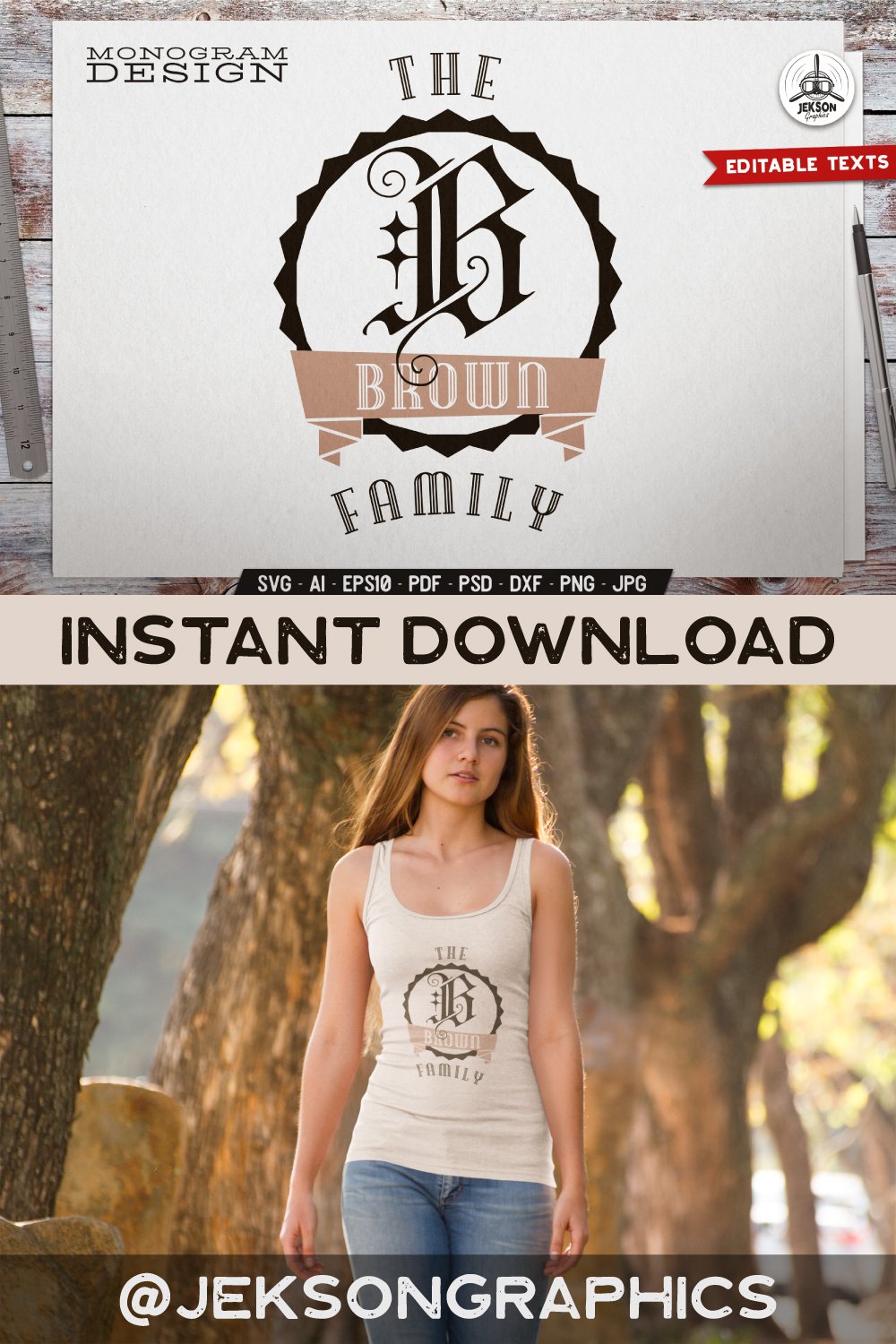 Family Monogram SVG Design With Ribbon and Badge Shape DXF