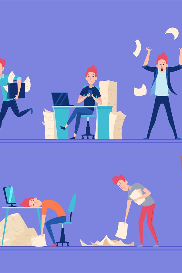 Chaotic business people. Unorganized office characters confl