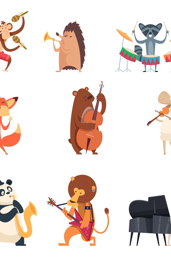 Animals with music instruments. Zoo musicians entertainment