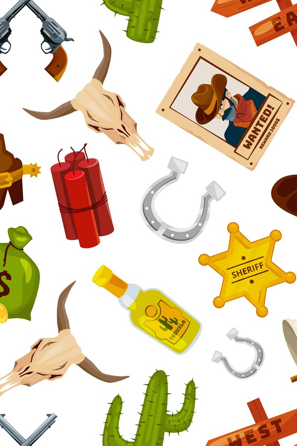 Cowboy, boots, guns and other wild west objects in cartoon s