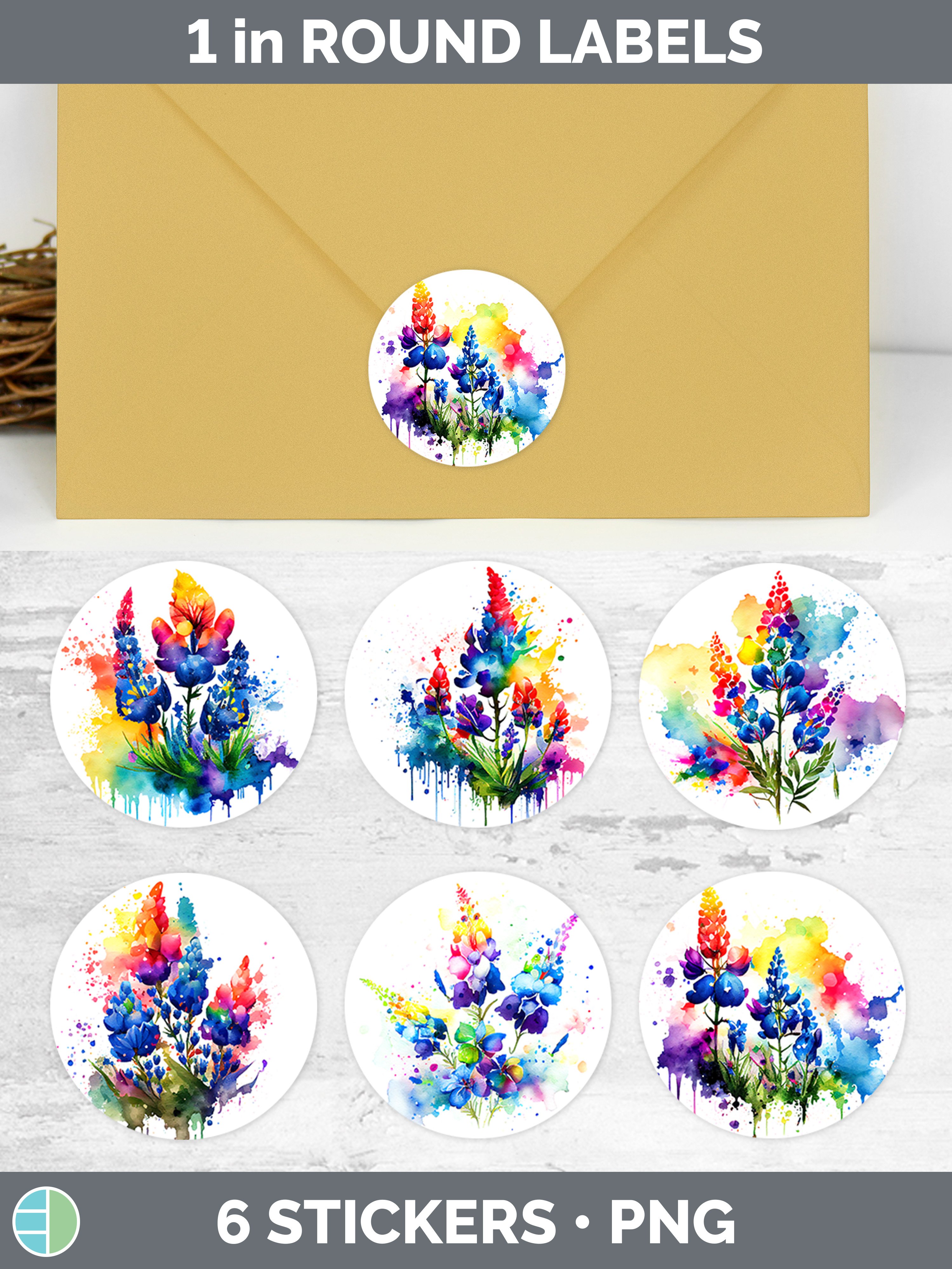 Rainbow Bluebonnet Flowers Stickers | Round Labels Designs B