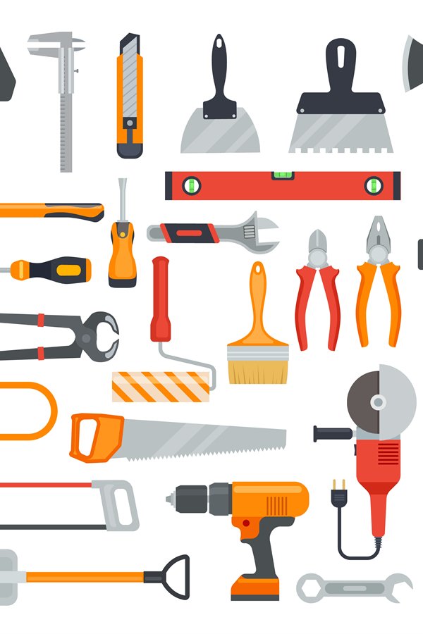 Flat work tools. Hammer and drill, ax and screwdriver. Plier