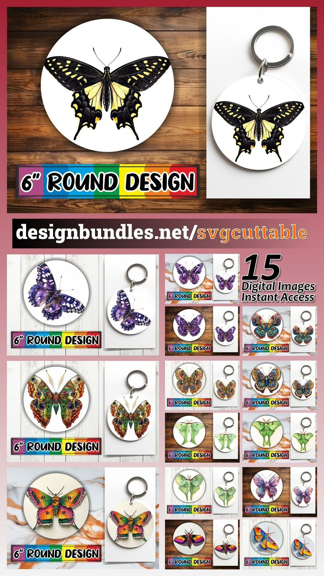 15x Watercolor Butterfly Round Design PNG Bundle, Crafts