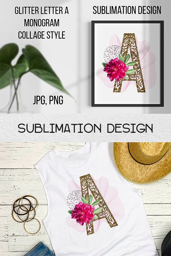 Gold lase letter A, Monogram collage, Sublimation design
