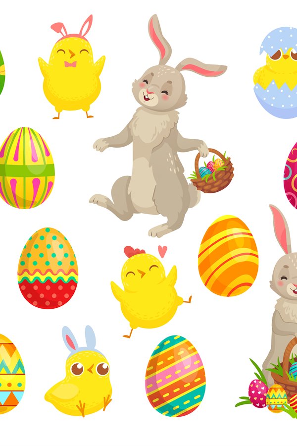 Easter bunny eggs. Cute rabbit, spring chicks and colorful e