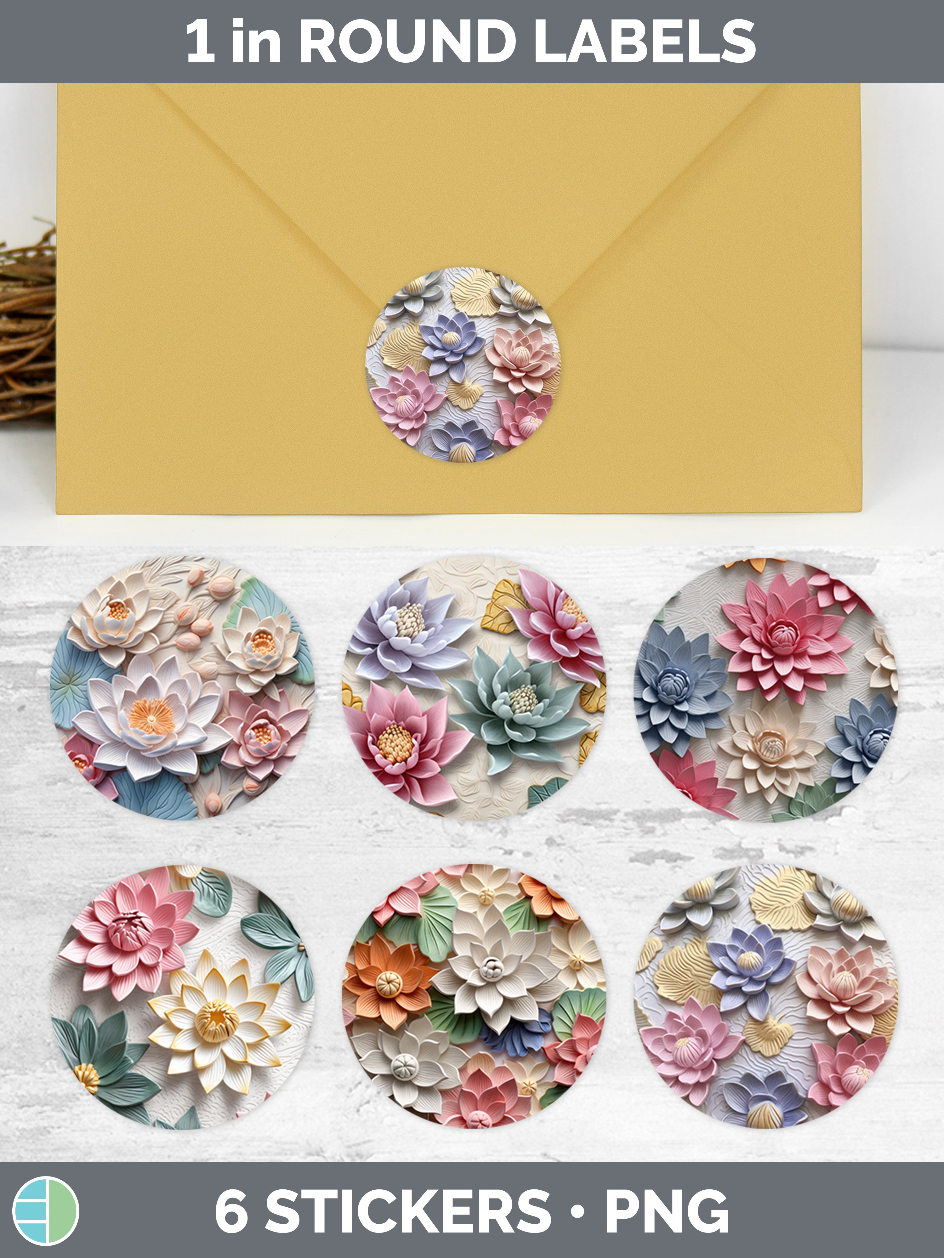 3D Lotus Flowers Stickers | Round Labels Designs Bundle