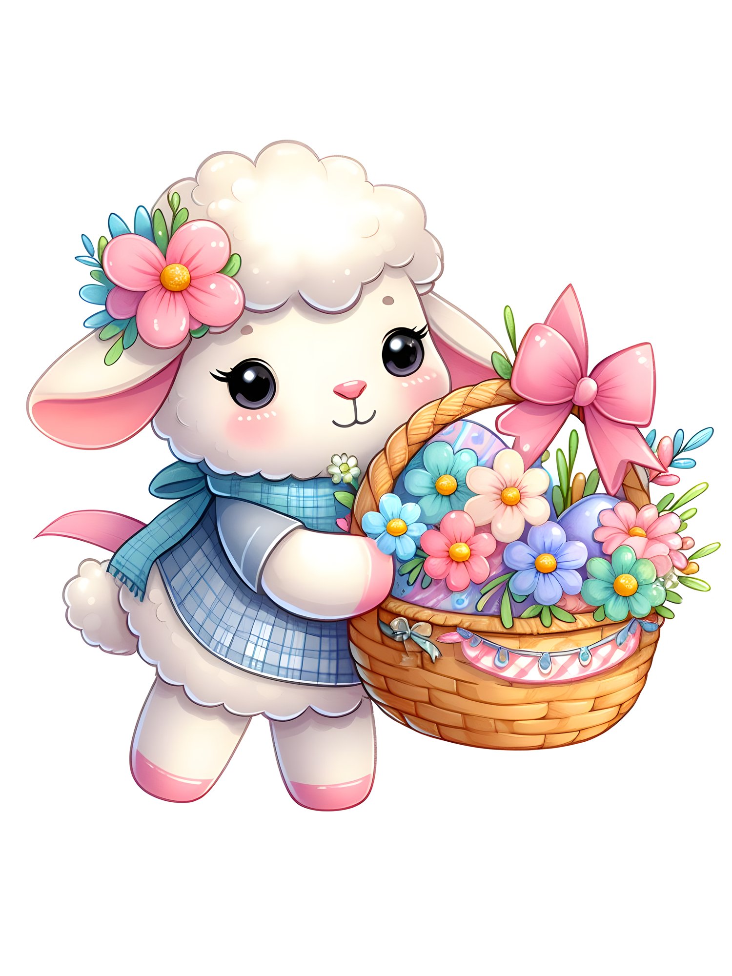 Cute Sheep with Easter Basket, Clipart for Sticker, Png