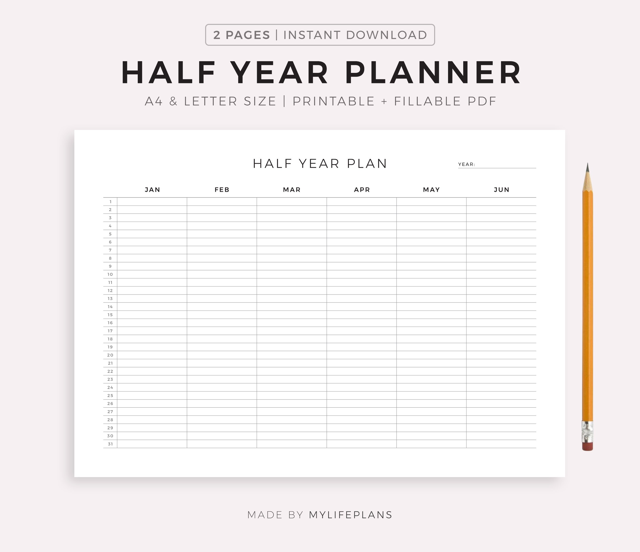 Half Year Planner Printable Landscape, Year on 2 Pages