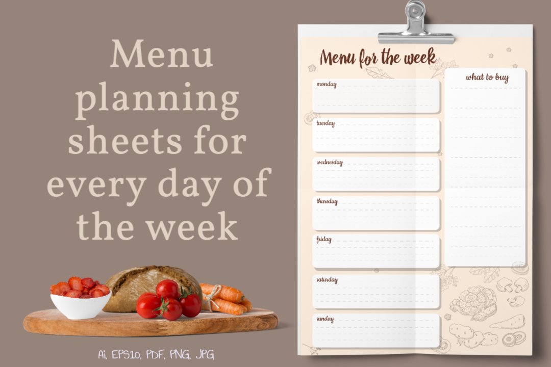 Menu planning sheets for every day of the week