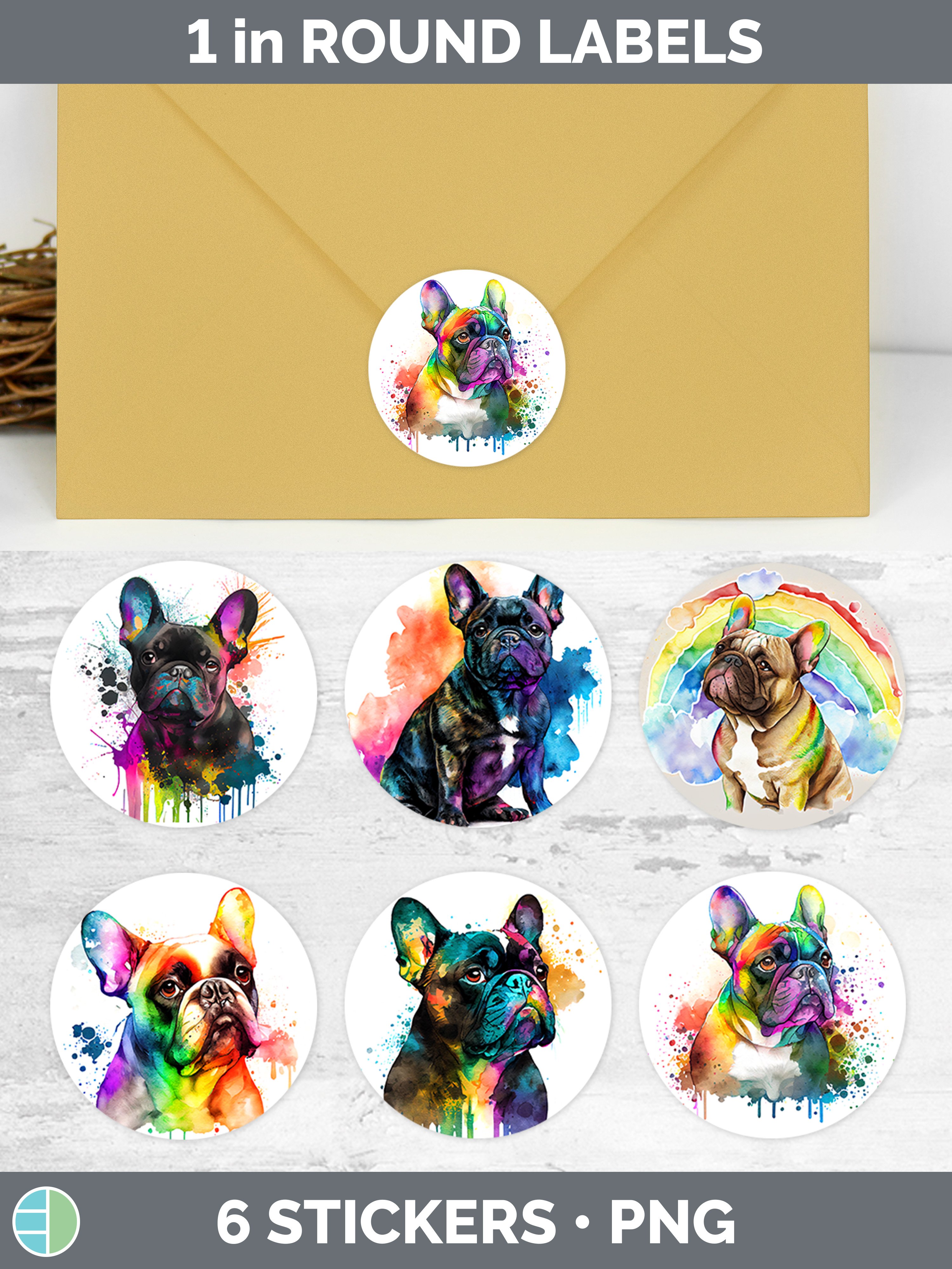Rainbow French Bulldog Stickers | Round Labels Designs Bundl