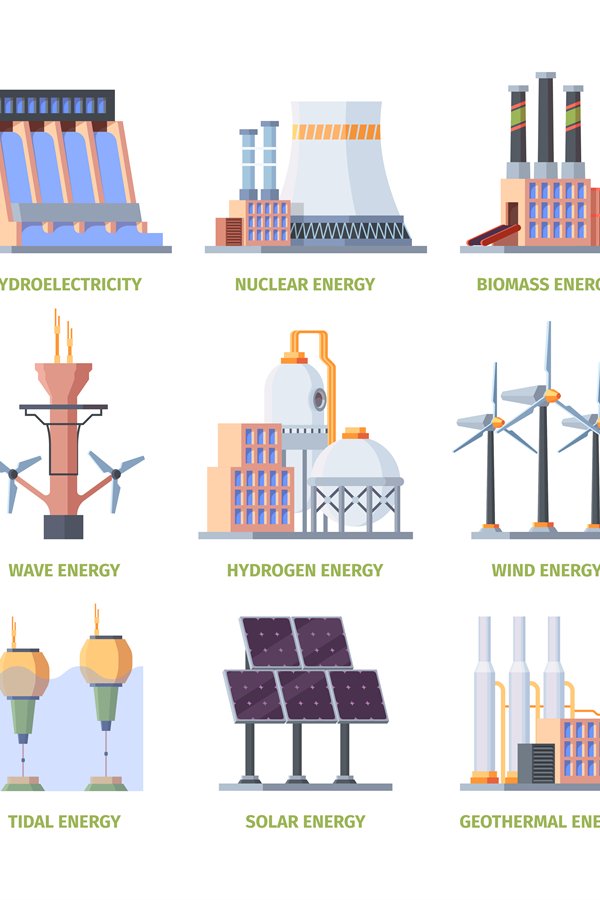 Electricity factory. Industrial plants buildings hydro syste