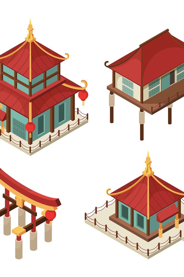 Asian buildings isometric. Chinese gate traditional japanese