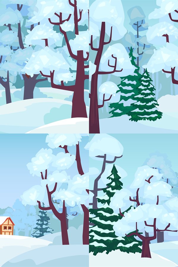 Cartoon winter forest landscapes. Village in woods with snow