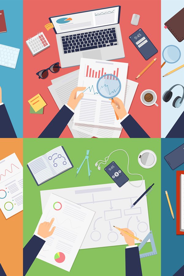 Workplace top view. Businessman professional working at tabl