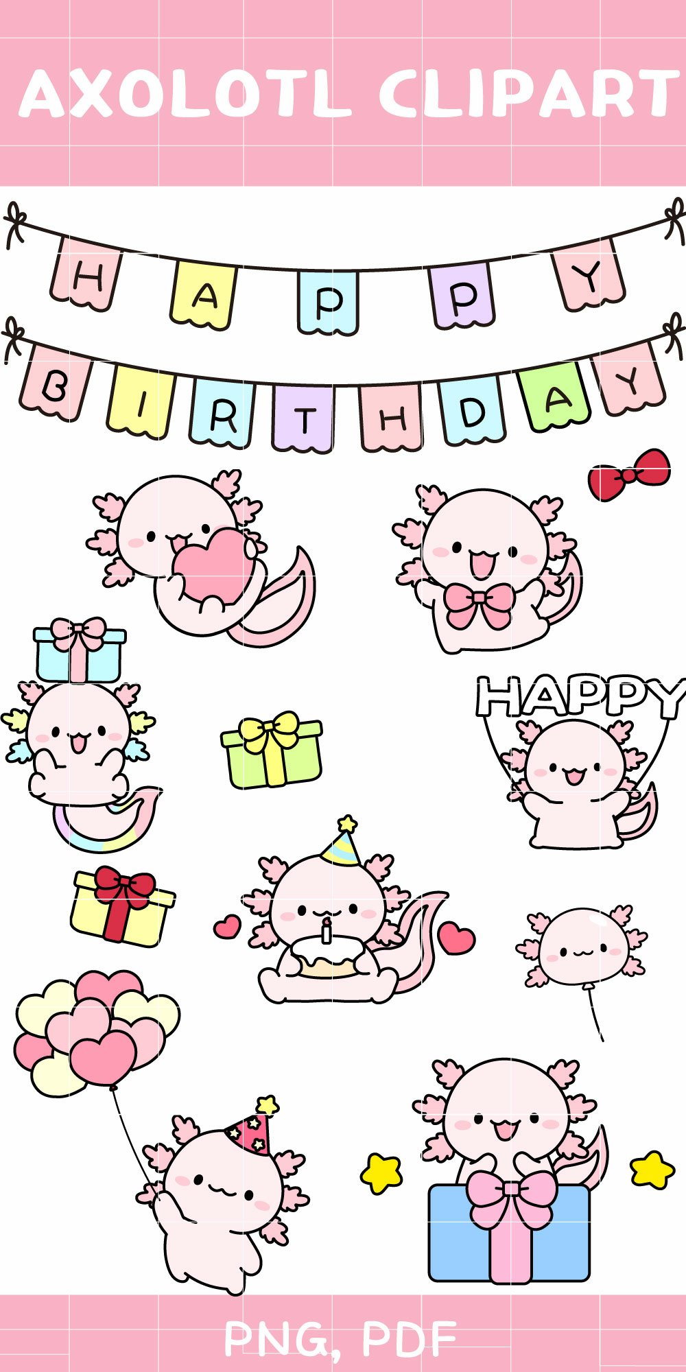 Axolotl birthday clipart 12 Elements