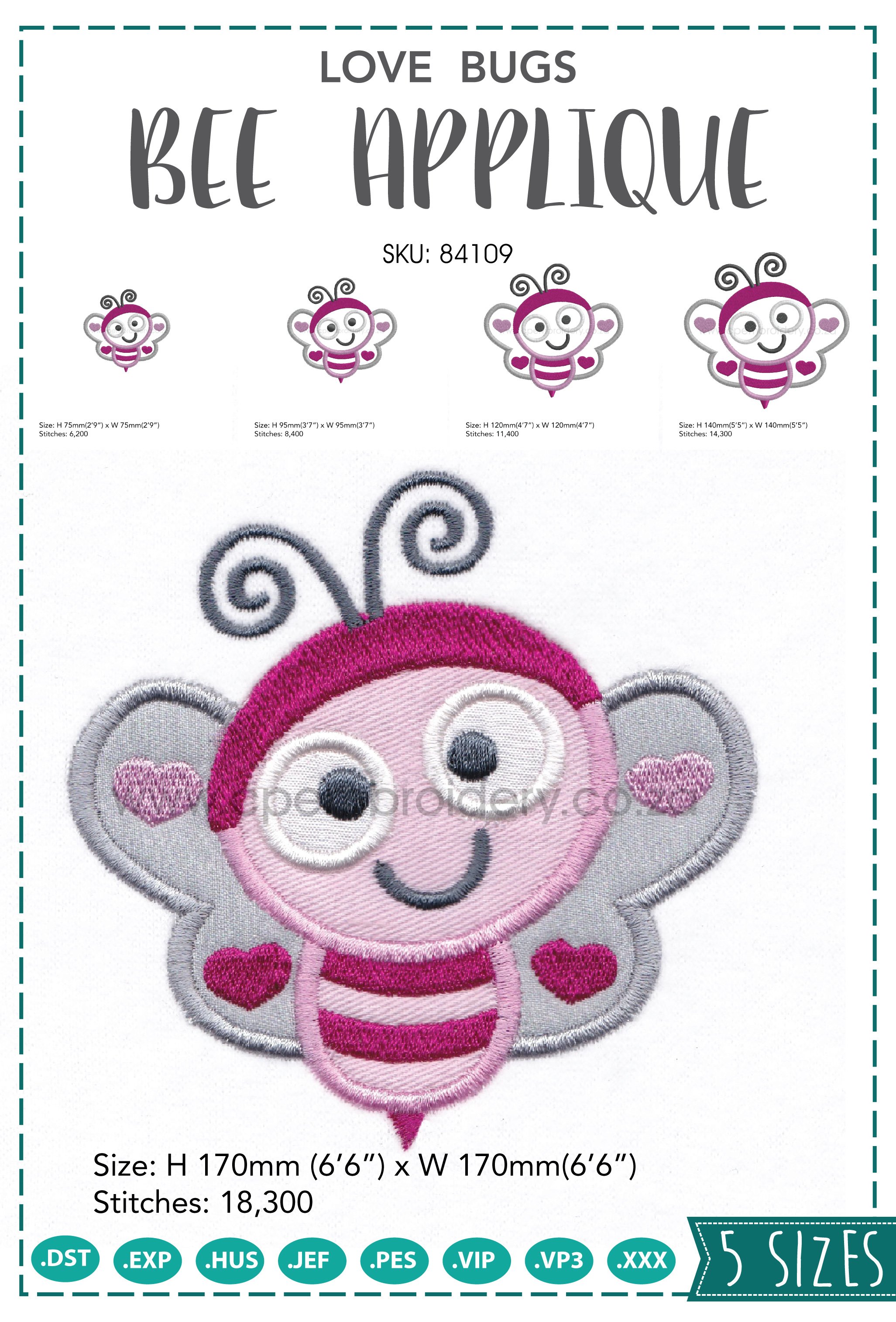 Bee Love Bug Applique Set of 4 Sizes Design