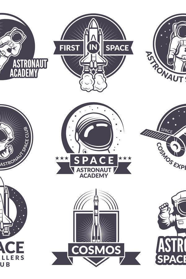 Emblems, labels or logos of space theme with illustrations o