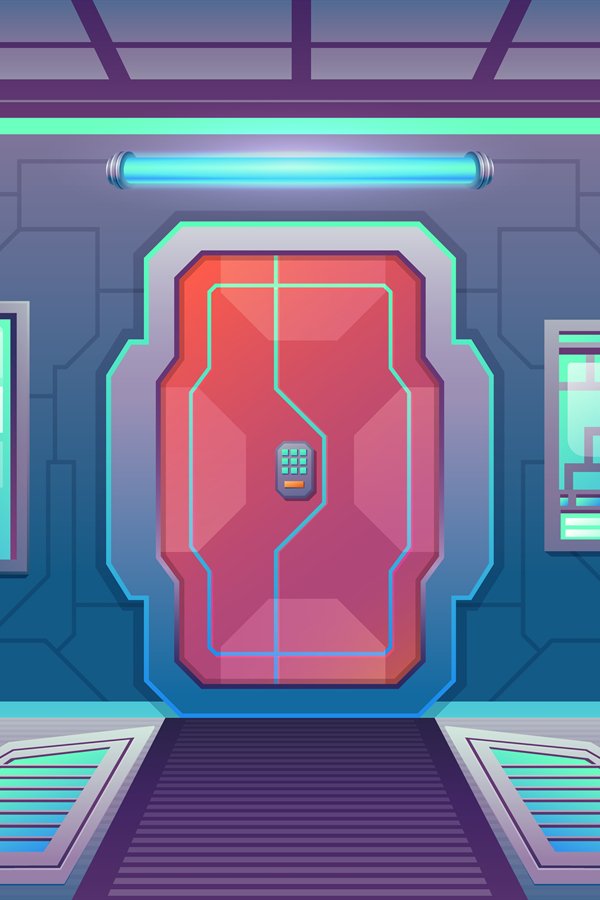 Cartoon futuristic spaceship corridor with door, panels and