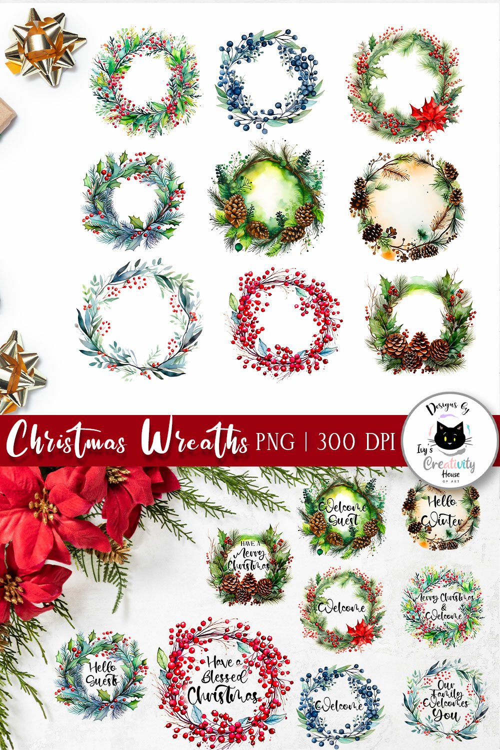 Watercolor Christmas Wreath Bundle | Winter Wreath Clipart