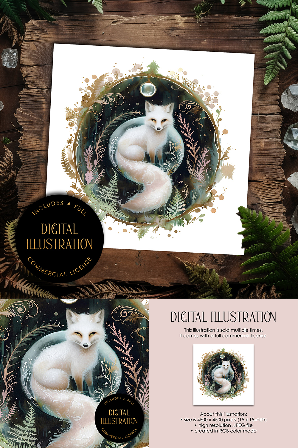 White Fox, Fern & Crystal Illustration