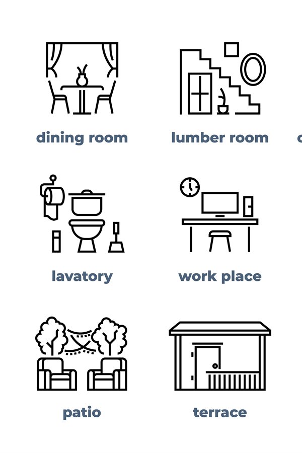 Home rooms line icons. Living room bedroom kitchen bathroom