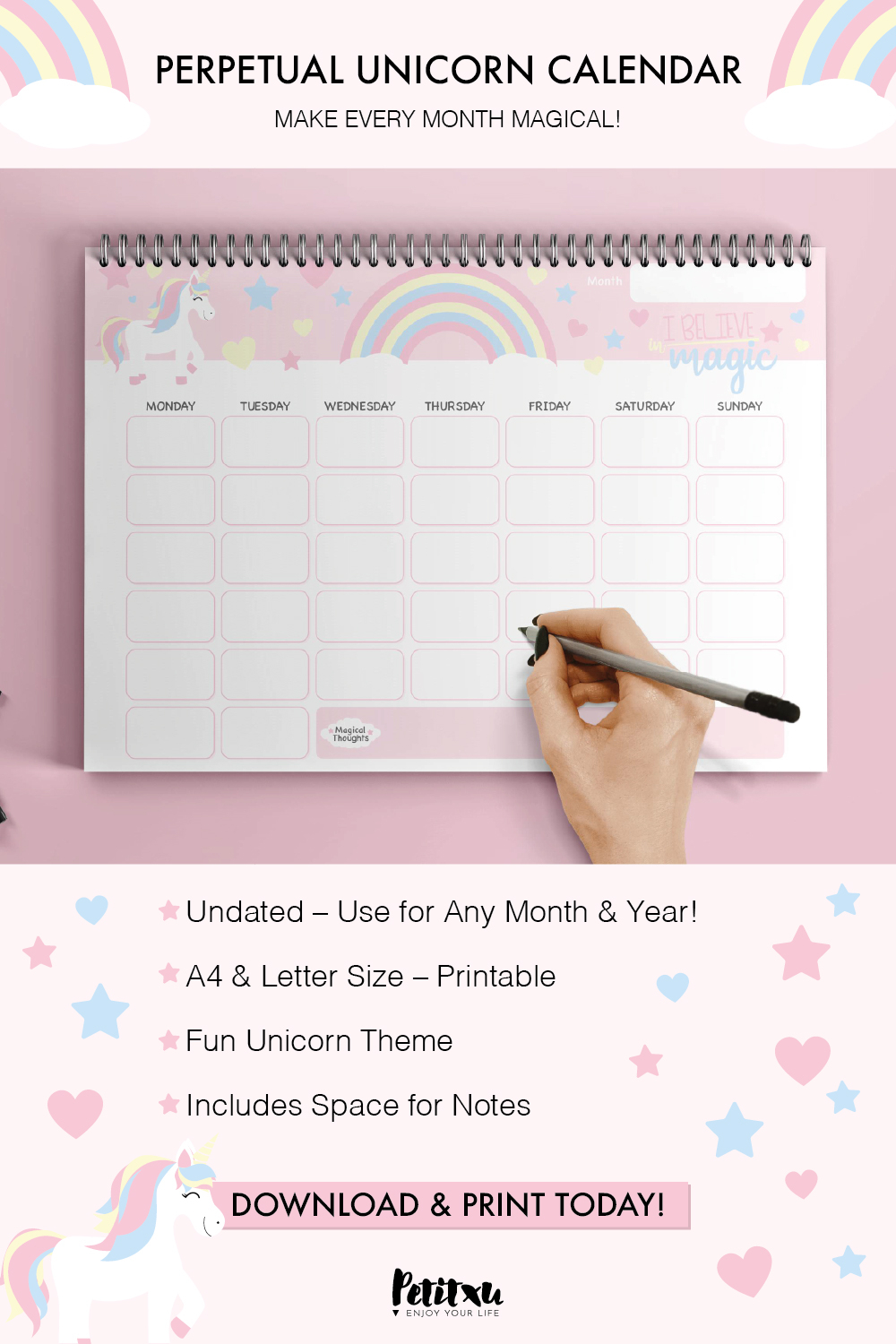 Printable Unicorn Calendar | Perpetual Monthly Planner