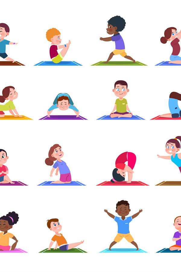 Children in yoga poses. Cartoon fitness kids in yoga asana.