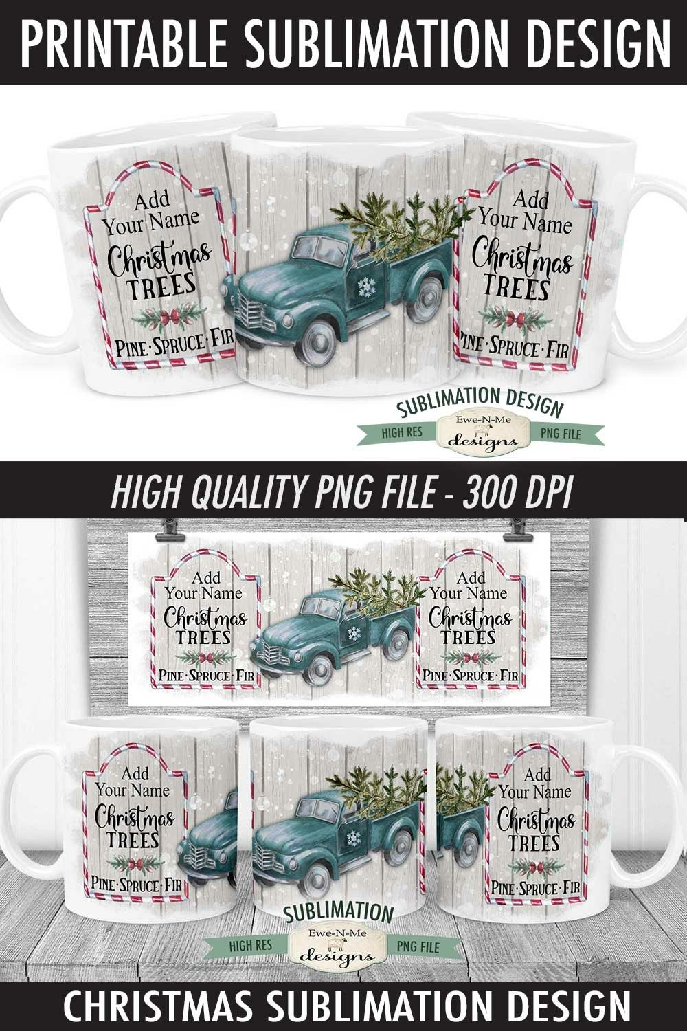 Blue Truck Christmas Trees Mug Sublimation 11 & 15 oz