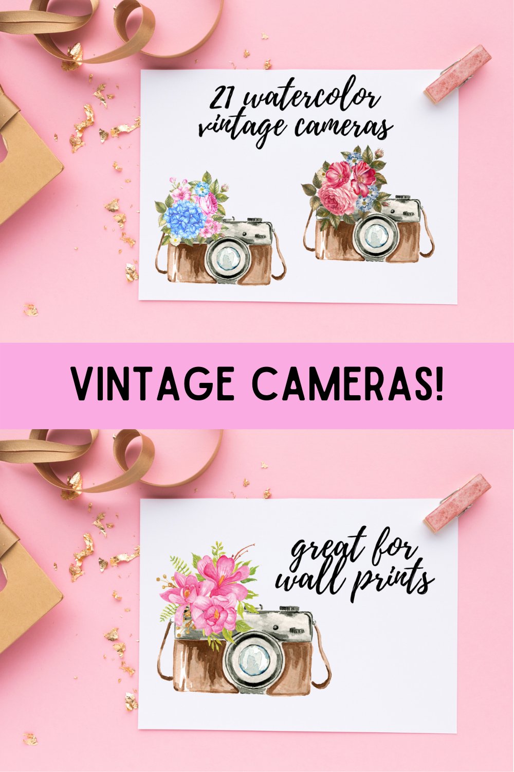 Floral Vintage Camera Clipart, Retro Watercolor Photo Tape