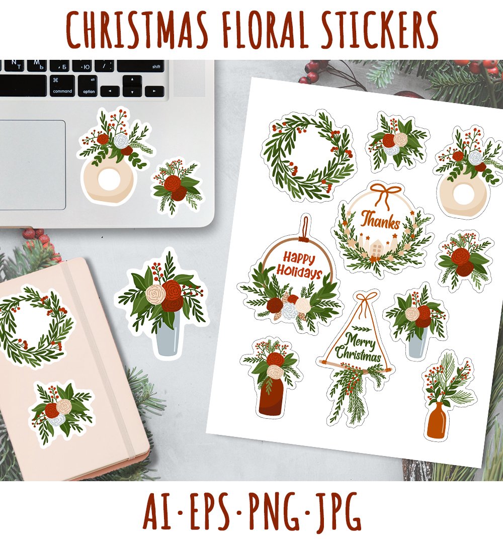 Christmas stickers in PNG / Christmas floral stickers