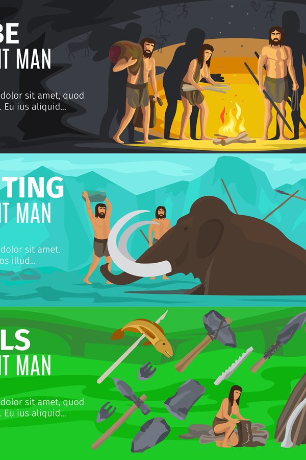 Stone age caveman evolution banners