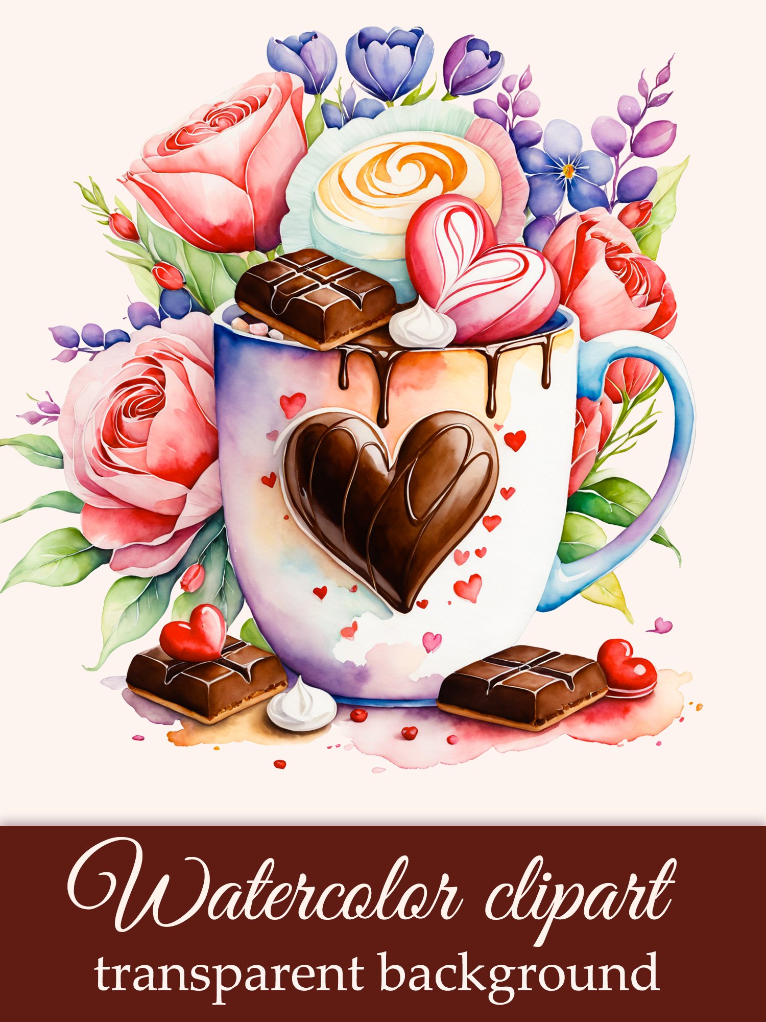 Watercolor coffee cup with hearts and chocolate, clipart Png