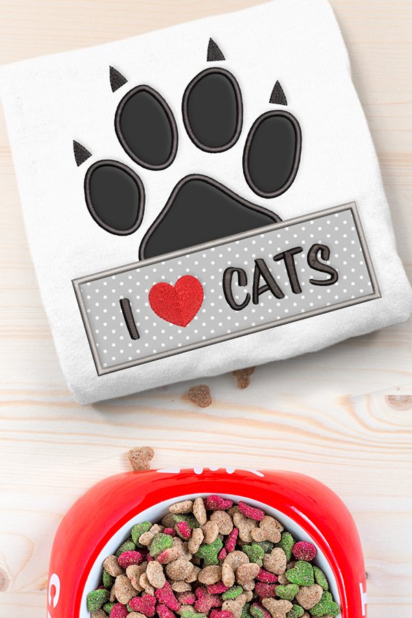 I Heart Cats Kitty Paw Applique Embroidery Design