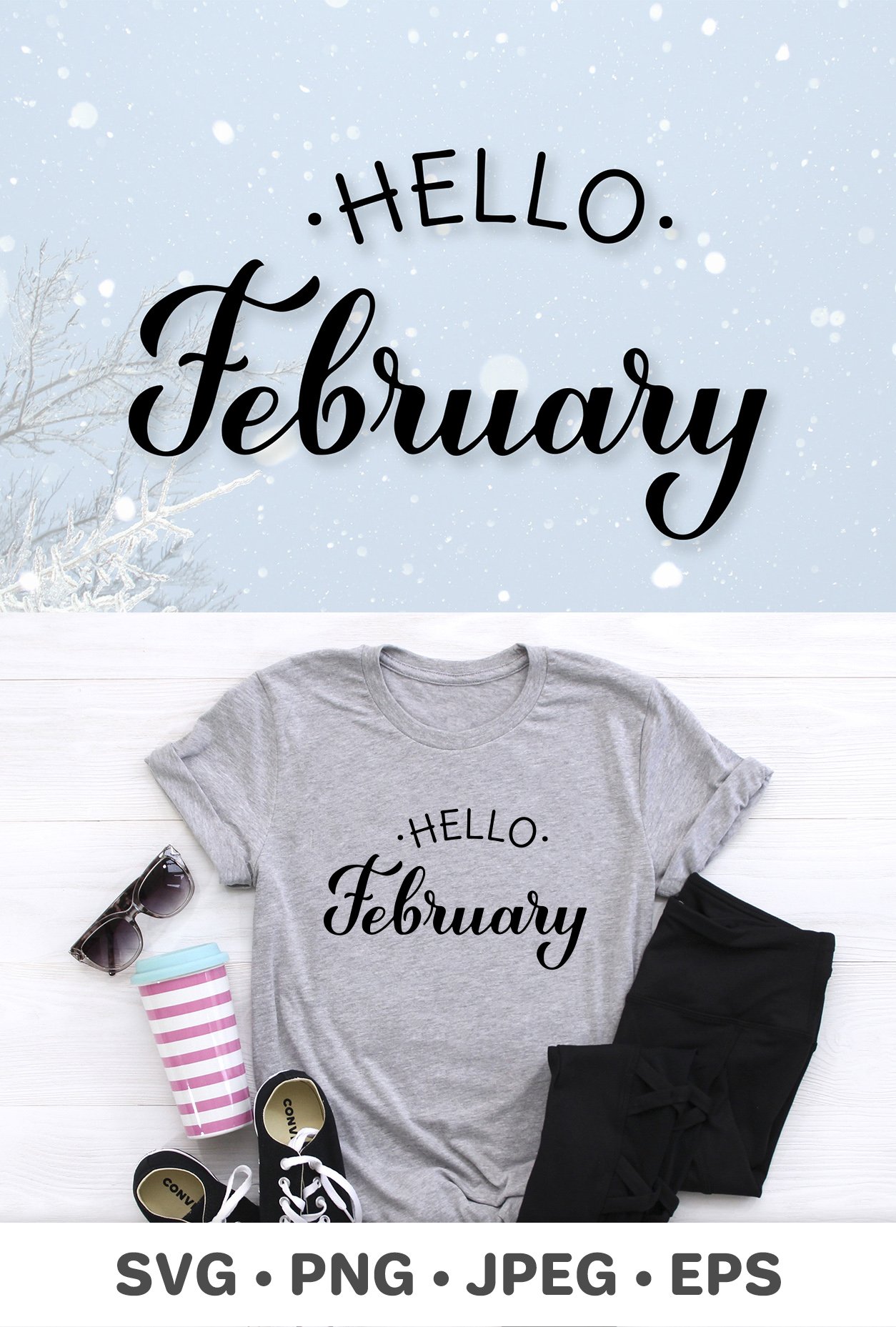 Hello February SVG. Handwritten winter quote. Seasonal SVG